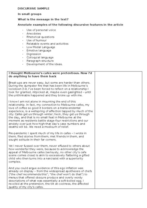 Discursive Analysis Of Melbourne Cafes Reflections On Lockdown Studocu