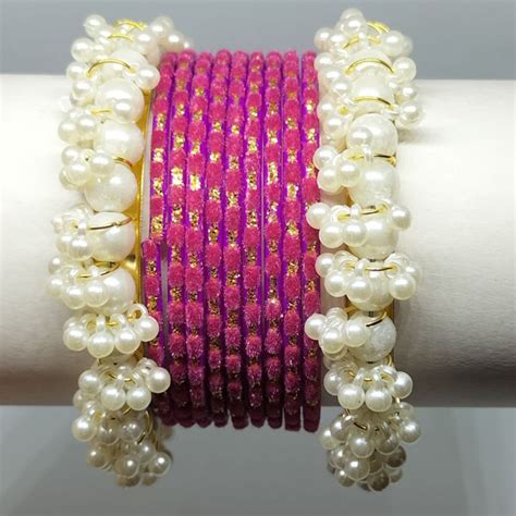 Beautiful Velvet Bangle With Pearl Kara Set For Girls And Wome Bangles