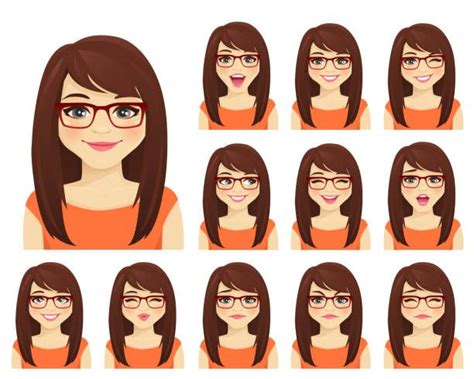 Girl In Glasses With Different Facial Expressions Set Isolated Girls