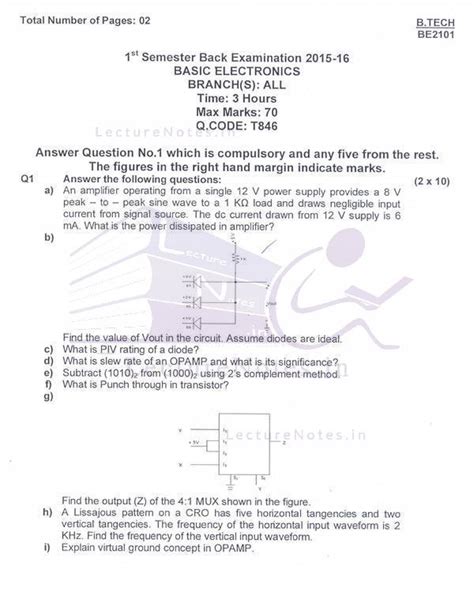 Exam Questions Basic Electronics Be Bput 2015 1st Seme Lecture Notes Basic Electrical And