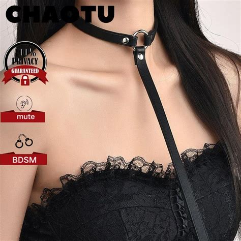 Black Leather Punk Sm Body Chain Sex Game Toy Punk Tie Collar Traction Chain Neck Chain Collar