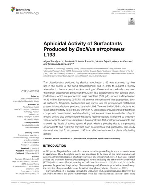 Pdf Aphicidal Activity Of Surfactants Produced By Bacillus Atrophaeus L193