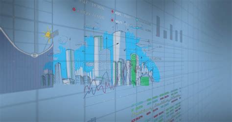 image of data processing over city drawing stock illustration