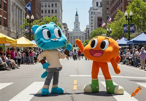 Gumball And Darwin Watterson Mascot Characters Stand On A City Street