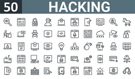 Ensemble De 50 Icônes De Piratage Web Telles Que La Recherche Le Codage Web Le Cadenas La