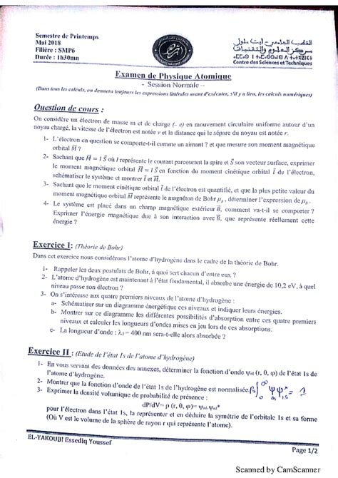 Examens Smp Pf 6 Physique Atomique Studocu