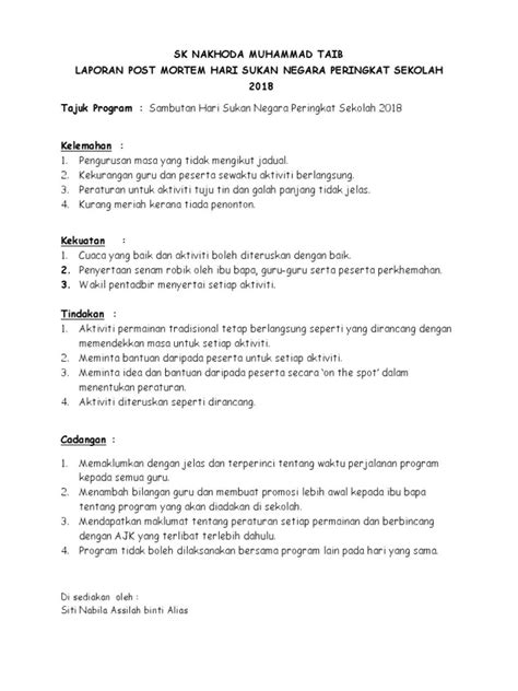 Laporan Post Mortem Program Post Mortem Sukan 2018 Docx Laporan Post