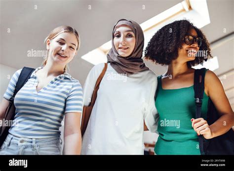 Cute High School Students In A College Or University Building Stock