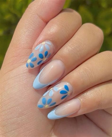 Blue Flower Almond Nails Light Blue Nails With Flowers White French
