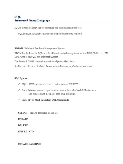 Structured Query Language Sql Is A Standard Language For Accessing And Manipulating Databases