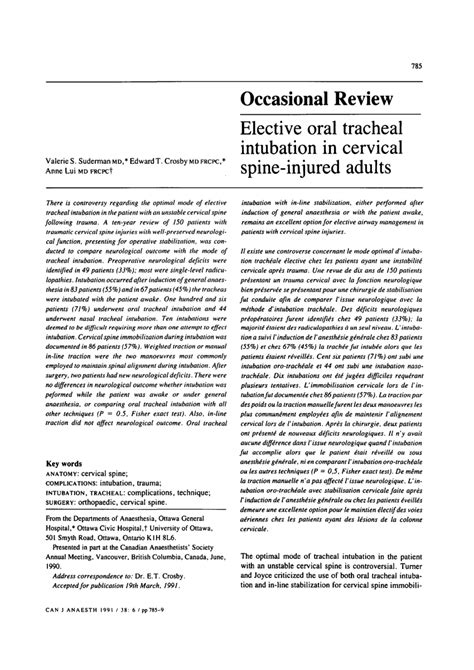Pdf Elective Oral Intubation In Cervical Spine Injured Adults