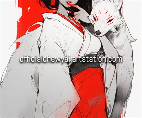 Artstation Black Red White Kitsune Girls Artworks