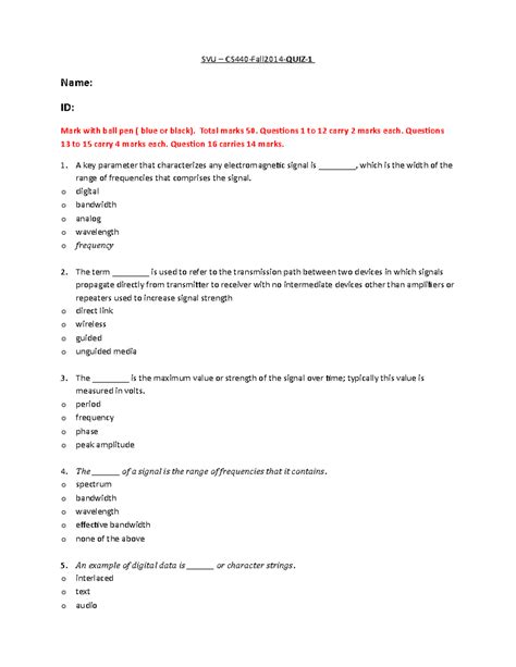 Computer Networks Quiz Svu Cs440 Fall2014 Quiz Name Id Mark With Ball Pen Blue Or