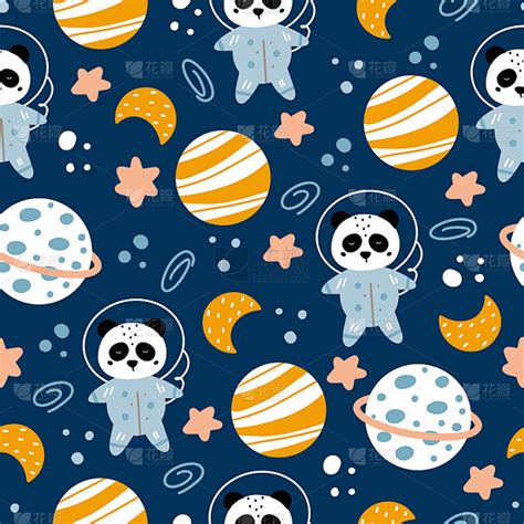 睡觉的熊猫宇航员和空间元素星星，月亮，行星和空间碎片幼稚无缝模式矢量插图在斯堪的纳维亚风格和颜色。