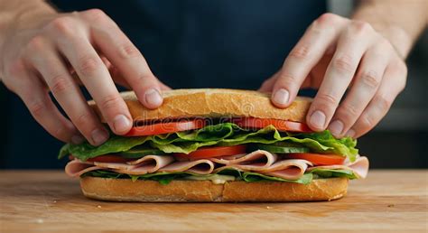 Making A Sandwich With Ham Tomato And Lettuce On Wooden Board Stock