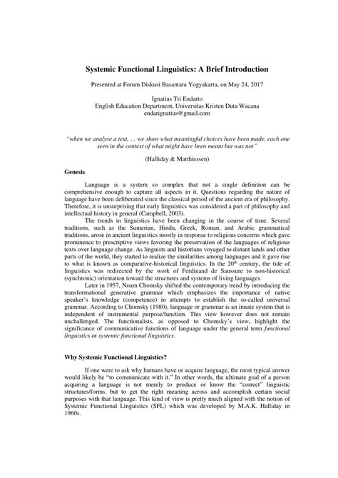Pdf Systemic Functional Linguistics A Brief Introduction