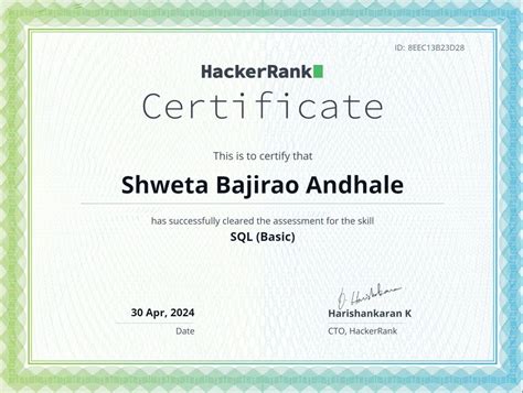 Shweta Andhale On Linkedin Sql Certification Hackerrank Dataskills