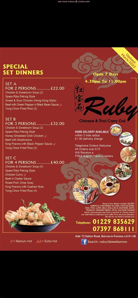 Menu At Ruby Chinese And Thai Restaurant Barrow In Furness