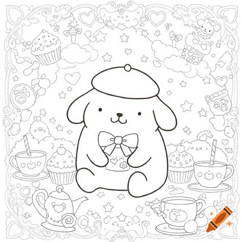 A Black And White Coloring Page Featuring Pompompurin With Cupcakes