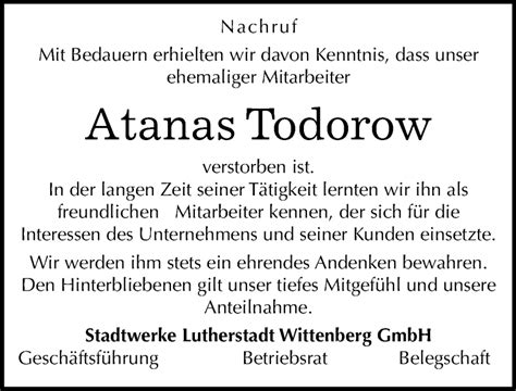 Traueranzeigen Von Atanas Todorow Abschied Nehmende