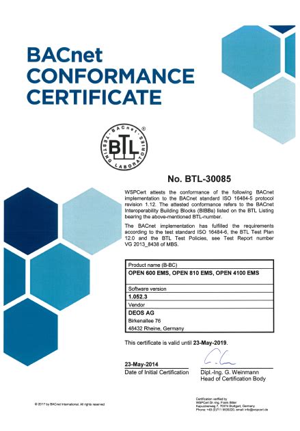 New Btl Certification Deos Controls Americas Inc