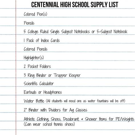 High School Supplies List For 9th Grade