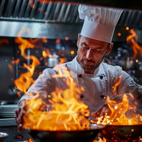 Premium Photo Bfocused Male Chef Cooking With Fire In Kitchen