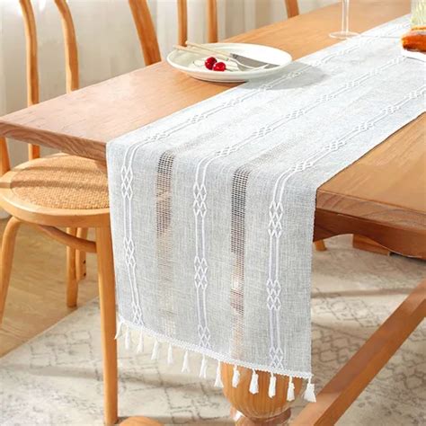 Camino De Mesa De Lino Rústico Con Borlas Gris Claro 33 X Meses Sin