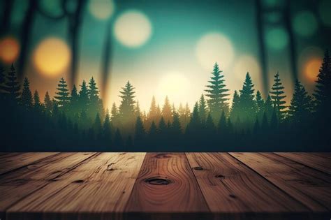 Premium Photo Wooden Table Background On A Blur Pine Forest Flat
