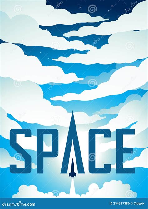 Space Poster Of Rocket Launch Over A Blue Cloudy Night Sky Stock Vector