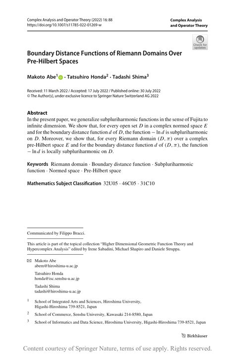 boundary distance functions of riemann domains over pre hilbert spaces