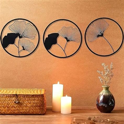 Gingko Leaf Metal Wall Sculpture Black Round Elegant Wall Art Decor Gingko Leaf Wall Hanging
