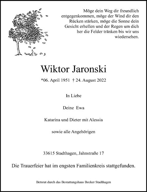 Traueranzeigen Von Wiktor Jaronski Trauer Anzeigende