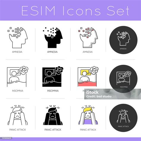 정신 장애 아이콘 설정 기억 상 실증 및 기억 상실 불면증과 수 면 부족 공황 발작 심리학 및 정신과 플랫 디자인 선형 블랙 및 컬러 스타일 격리된 벡터 일러스트레이션
