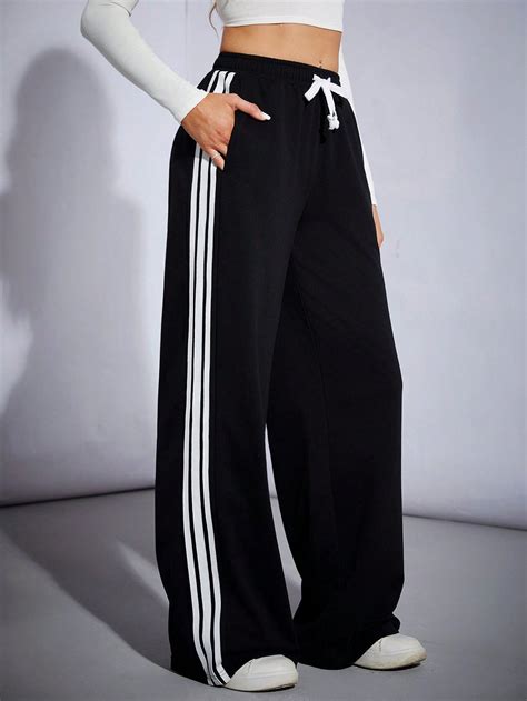 Pantalón De Chándal Ancho De Pierna Negra De Algodón Tejido Con Cinta