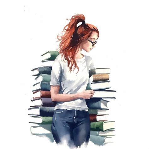 Premium Vector A Girl In Glasses With Huge Piles Of Books