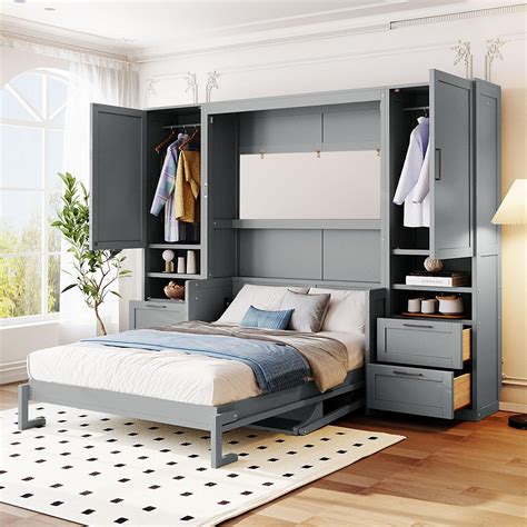 Harper And Bright Designs Gray Wood Frame Full Size Murphy Bed Wall Bed