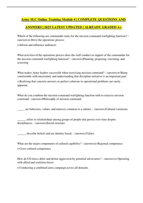 Army SLC Online Training Module COMPLETE QUESTIONS AND ANSWERS LATEST UPDATED