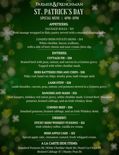 St Pattys Day Pop Up Dinner Menu Farmer And Frenchman Winery