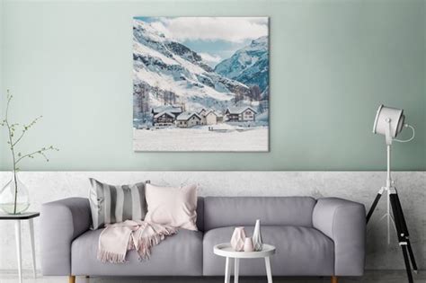Toile Peinture Alpes Neige Montagnes 90x90 Cm Décoration Murale