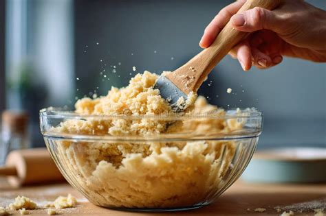 Mixing Dough In A Clear Bowl With A Wooden Spoon In A Bright Kitchen