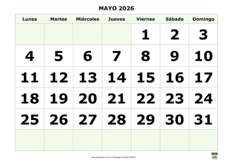 Plantilla Calendario 【mayo 2026】 Para Imprimir Pdf