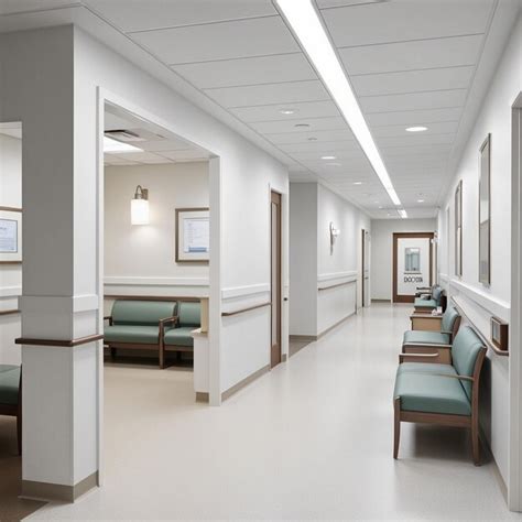 Modern Clinic Corridor With Patient Waiting Areas And Pristine White Doctors Office Clean And