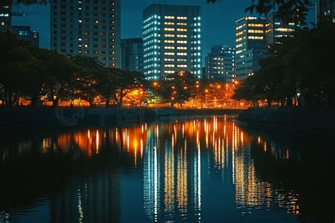 大厦ai数字艺术 大厦现代风格城市夜景高楼大厦河流灯光倒影商业照片 Ai图片免费下载 Png格式 1344像素 编号72470697 千图网