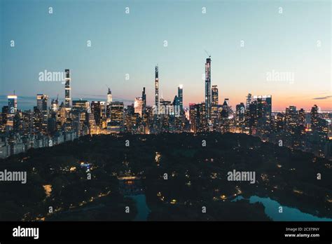 Spectacular View Over Central Park In Manhattan At Night With Flashing