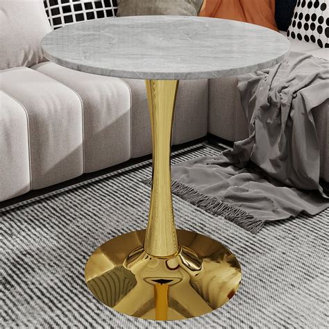 Marble Top Round Side Table With Gold Pedestal Base Chic Accent For