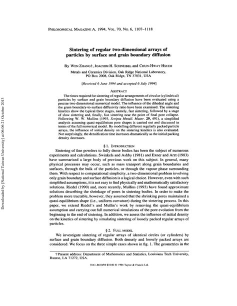 Pdf Sintering Of Regular Two Dimensional Arrays Of Particles Surface
