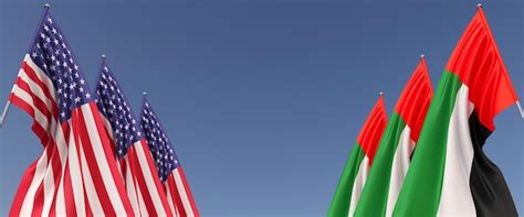 Premium Photo Us And Uae Flags On Flagpoles On Sides Six Flags On A