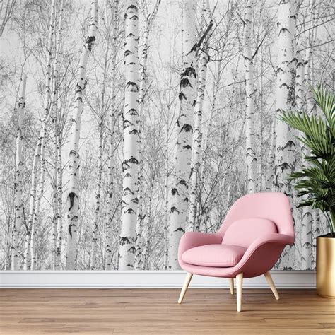 Birch Forest Wallpaper Mural Black And White Fog Peel And Stick Etsy