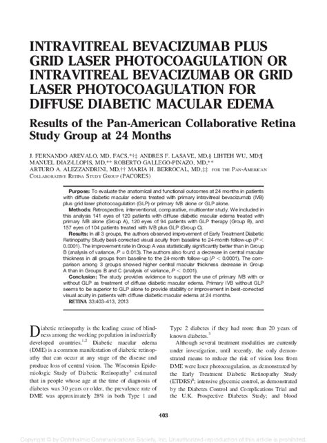 Pdf Intravitreal Bevacizumab Plus Grid Laser Photocoagulation Or